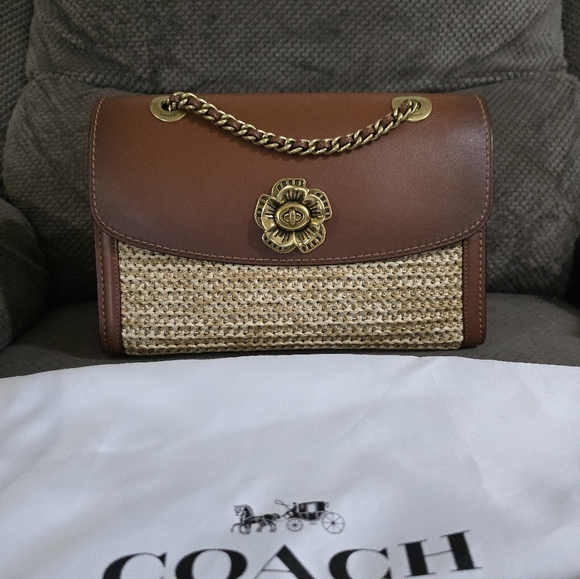 Coach | Bags | Coach Parker Wtearose Ans Rafia Brown And Tan Woven ...